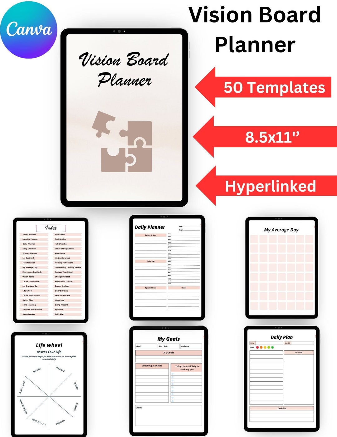 Vision Board Planner, Digital & Hyperlinked Planner, Monthly Planner ...