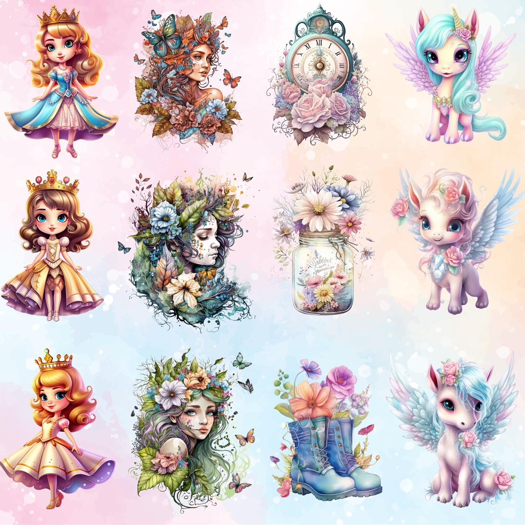 Watercolor Princess Clipart Bundle: Unicorn, Flowers (digital Download ...