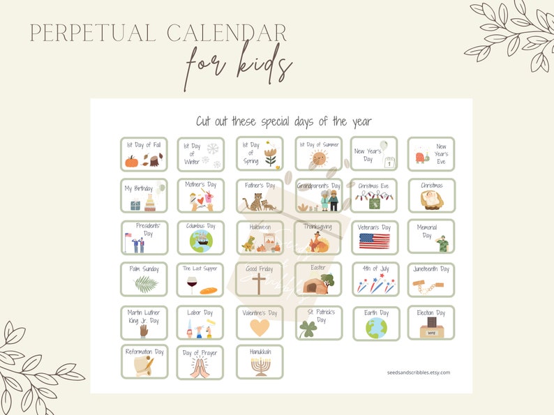 Perpetual Calendar Printable for Kids Homeschool Wall Art Classroom ...