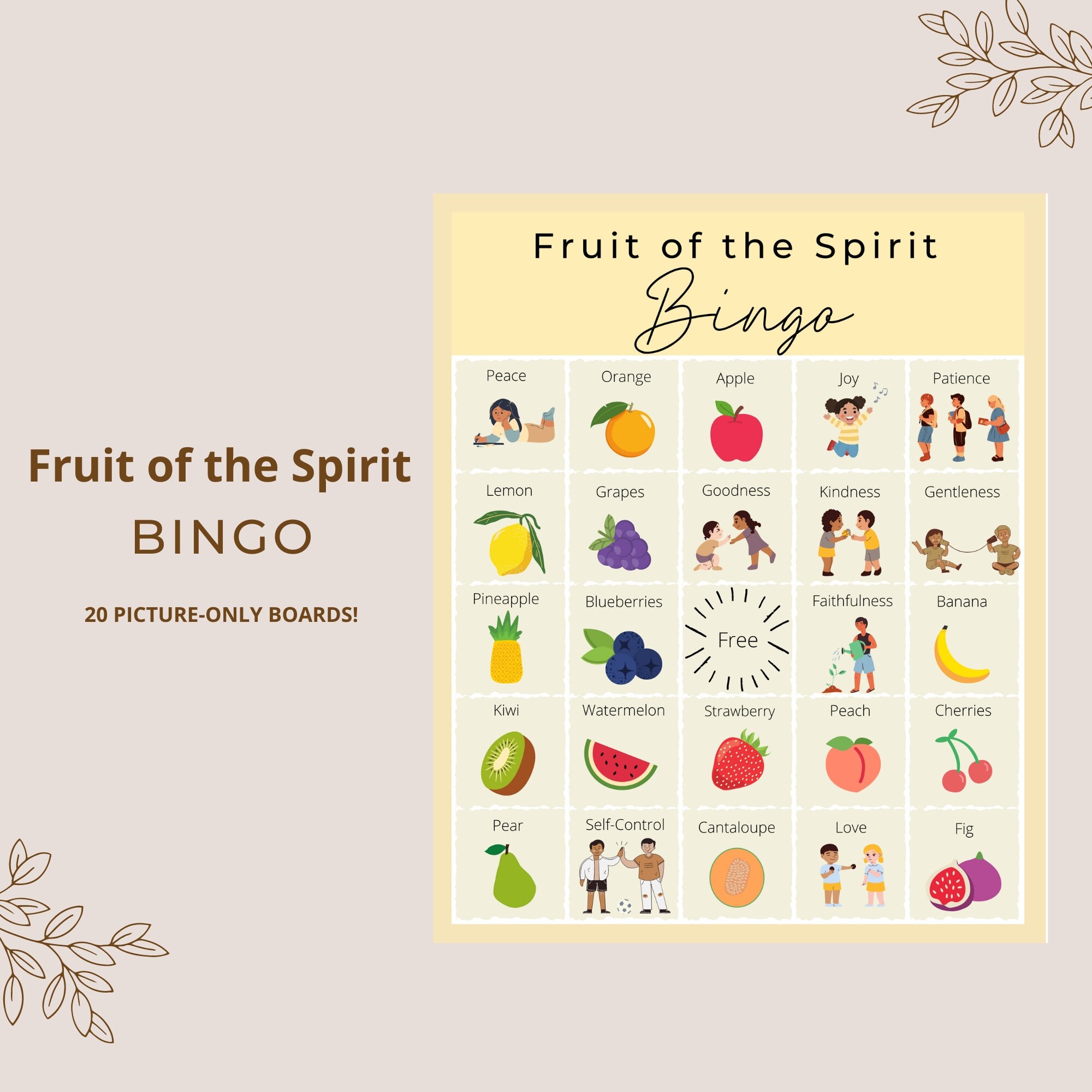 Fruit of the Spirit Bingo Game Digital Download Bible Printables Sunday ...