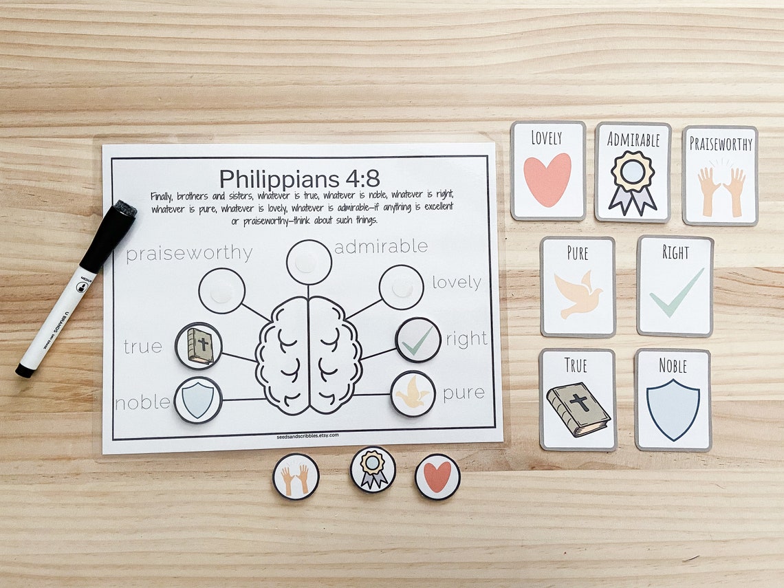 Philippians 4:8 Match and Trace Worksheet With Cards, Think About Such ...