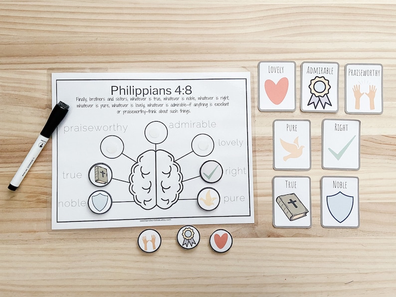 Philippians 4:8 Match Trace Worksheet Cards Bible Activity Printables ...