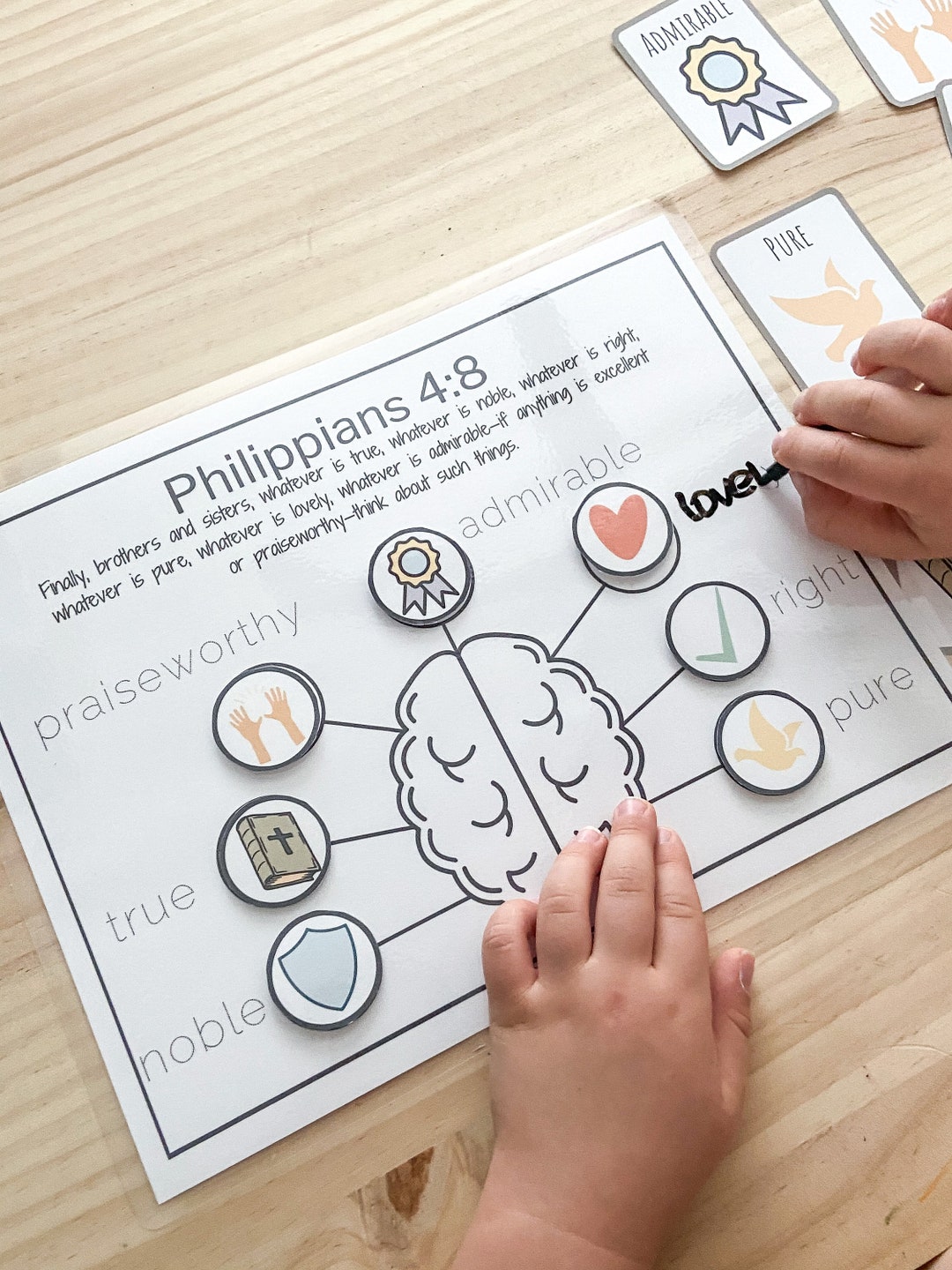 Philippians 4:8 Match Trace Worksheet Cards Bible Activity Printables ...
