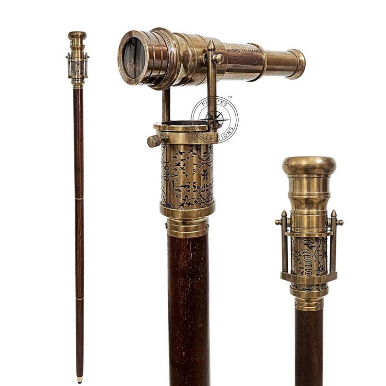 Brass Telescope Walking Stick Wooden Cane Handle With Compass Dollond ...