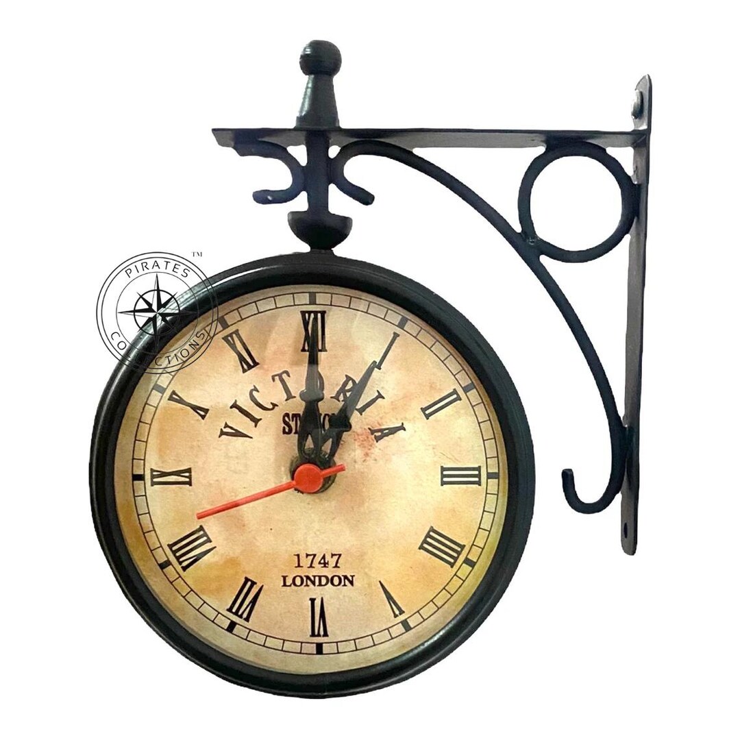 Victoria Station Double Sided Railway Clock - Black Iron Wall Hanging ...