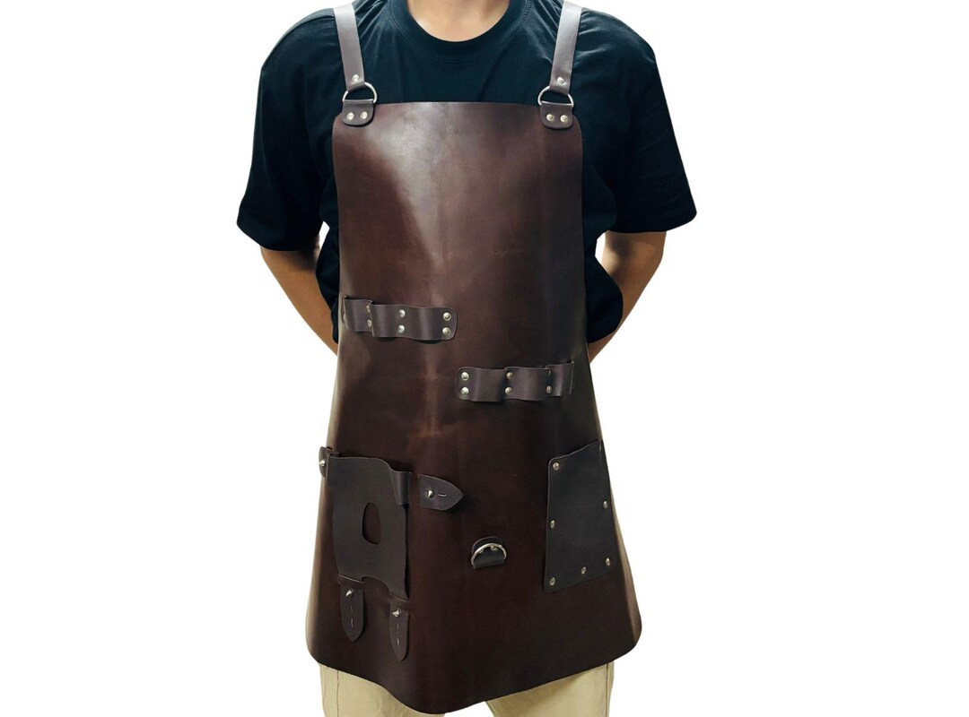 Full Grain Leather Work Apron, Unisex Adult, Multi-pocket, Adjustable ...