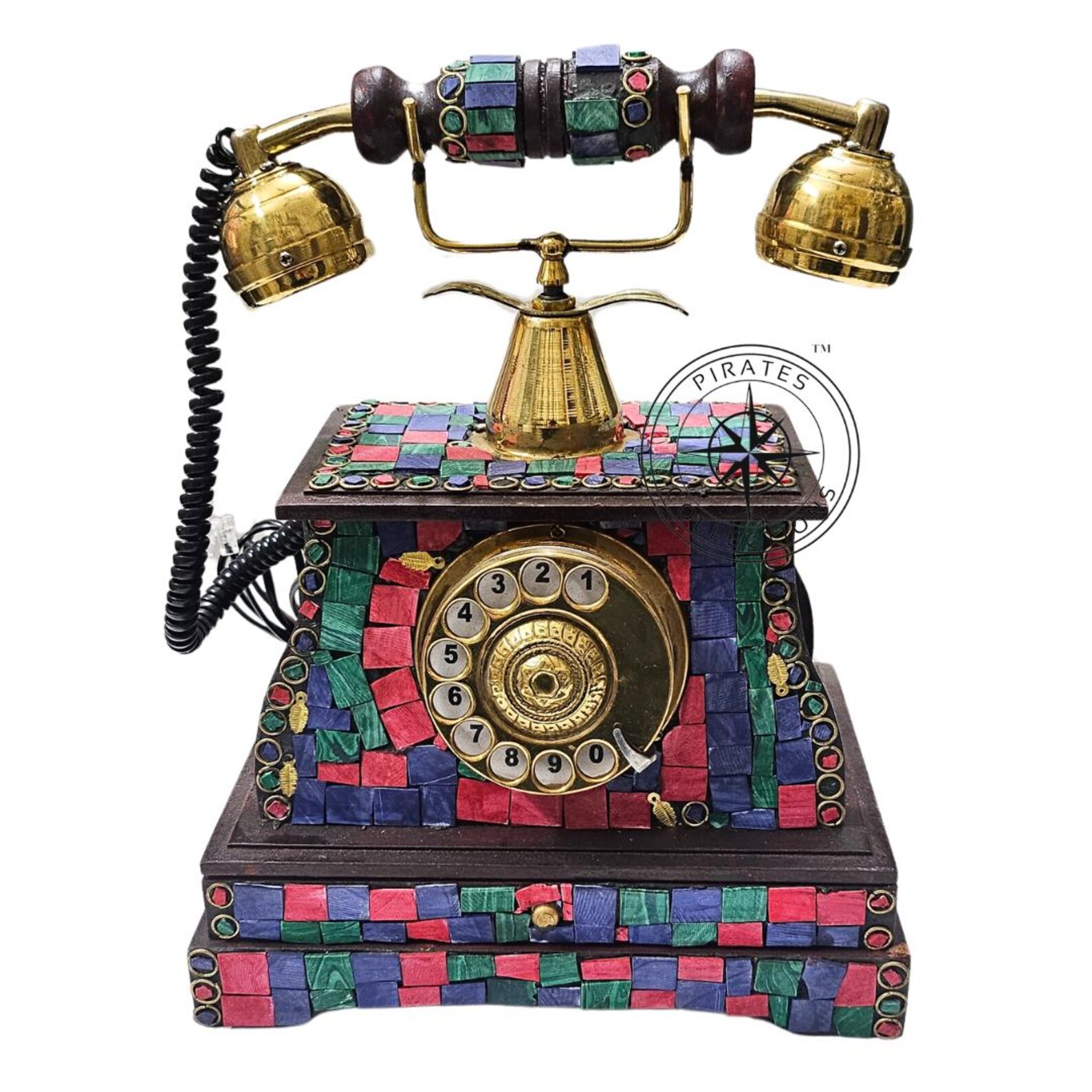 Old Brass Victorian Rotary Dial Telephone Maharaja Wooden Etching Phone ...