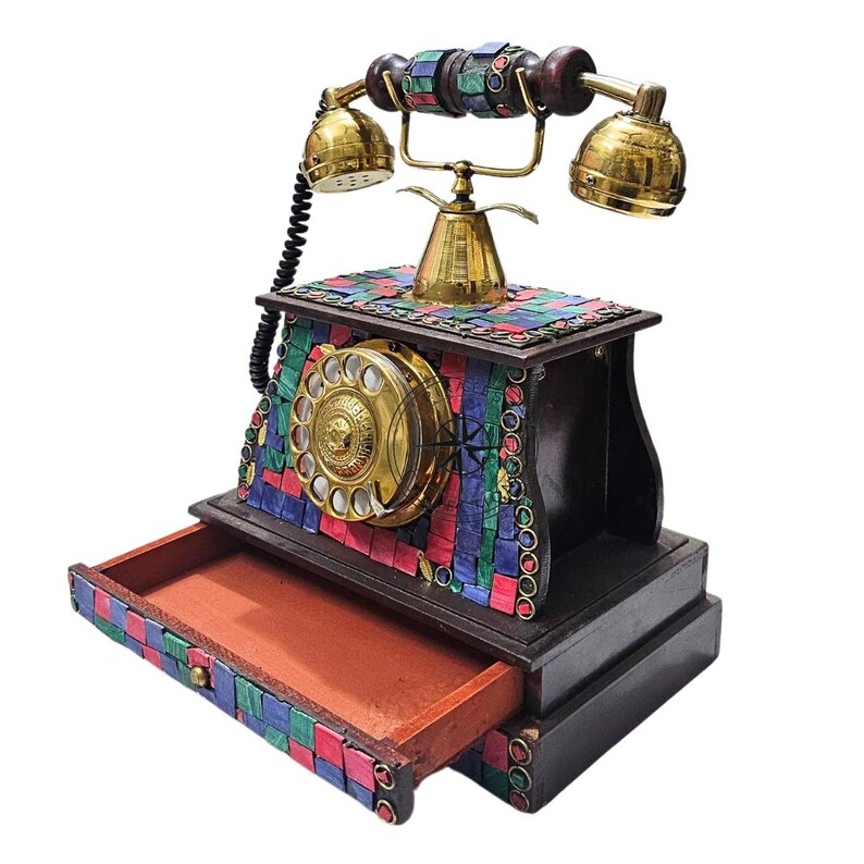 Old Brass Victorian Rotary Dial Telephone Maharaja Wooden Etching Phone ...