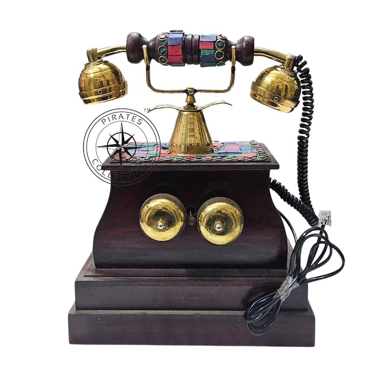 Old Brass Victorian Rotary Dial Telephone Maharaja Wooden Etching Phone ...