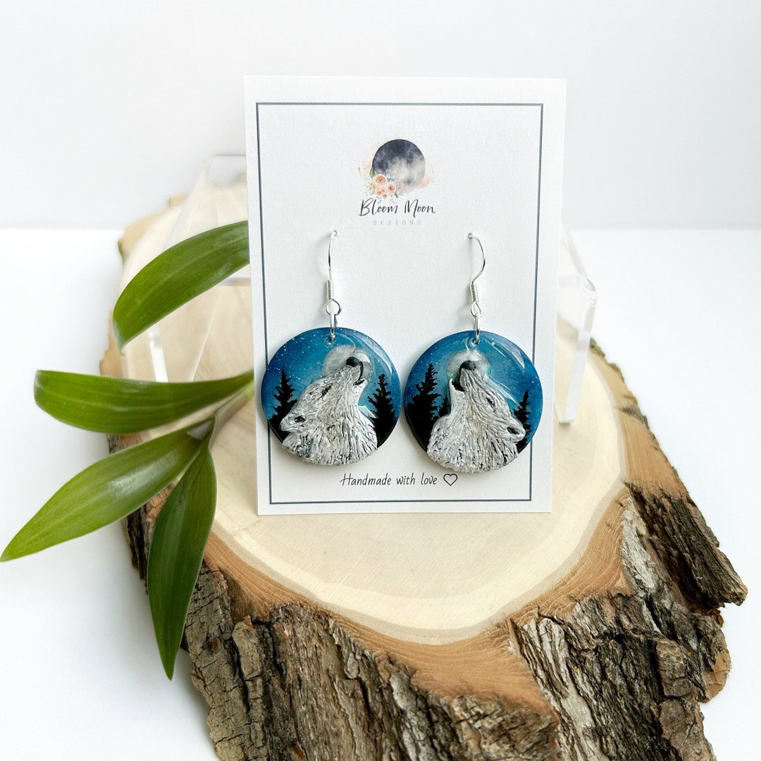 Full Moon Wolf Earrings, Howling Wolves, Nature Inspired Polymer Clay Earrings - Etsy