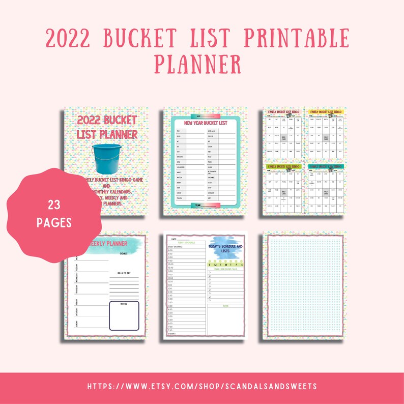 2022 Bucket List Printable Planner, Planner Inserts, Monthly Calendars ...