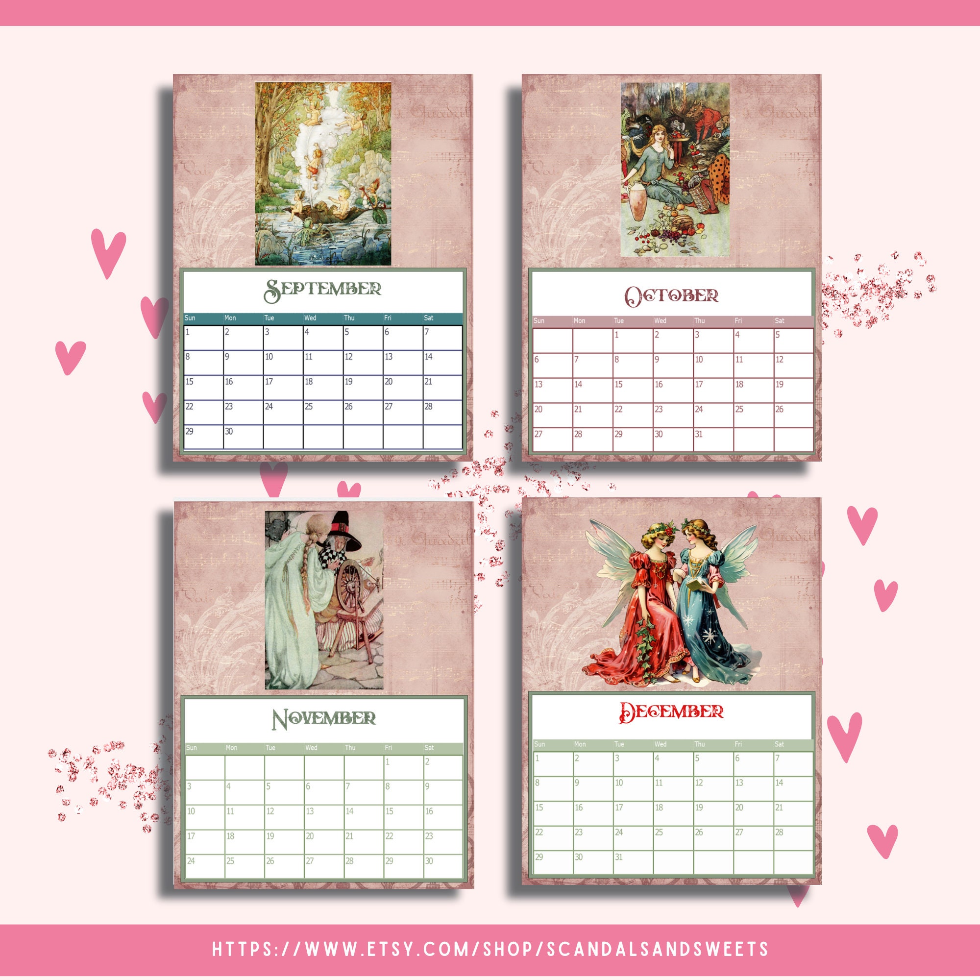 2024 Vintage Fairy Calendar Printable or Digital Monthly Calendars Plus ...