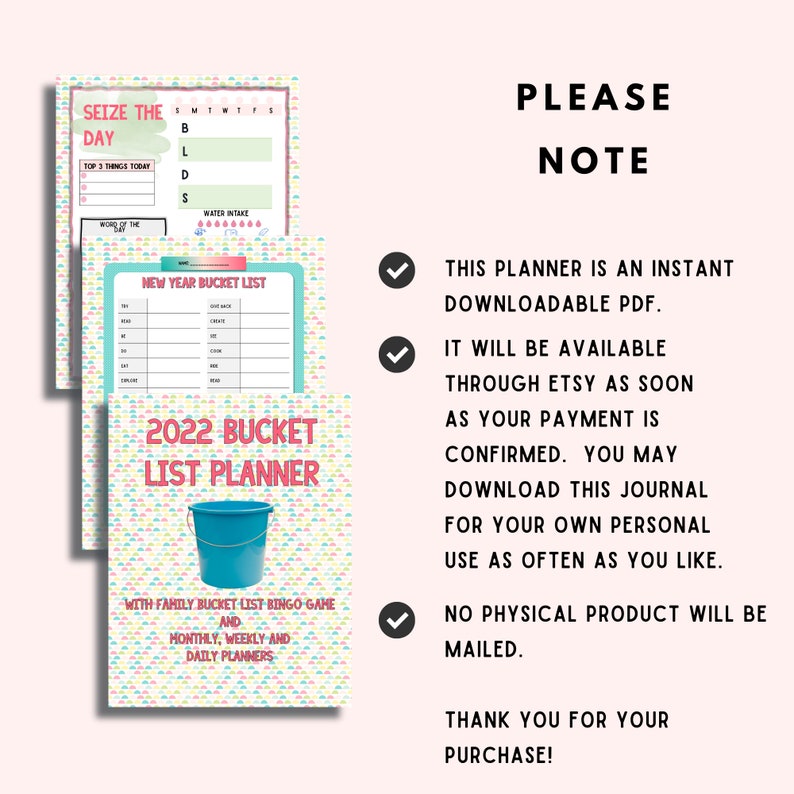 2022 Bucket List Printable Planner, Planner Inserts, Monthly Calendars ...