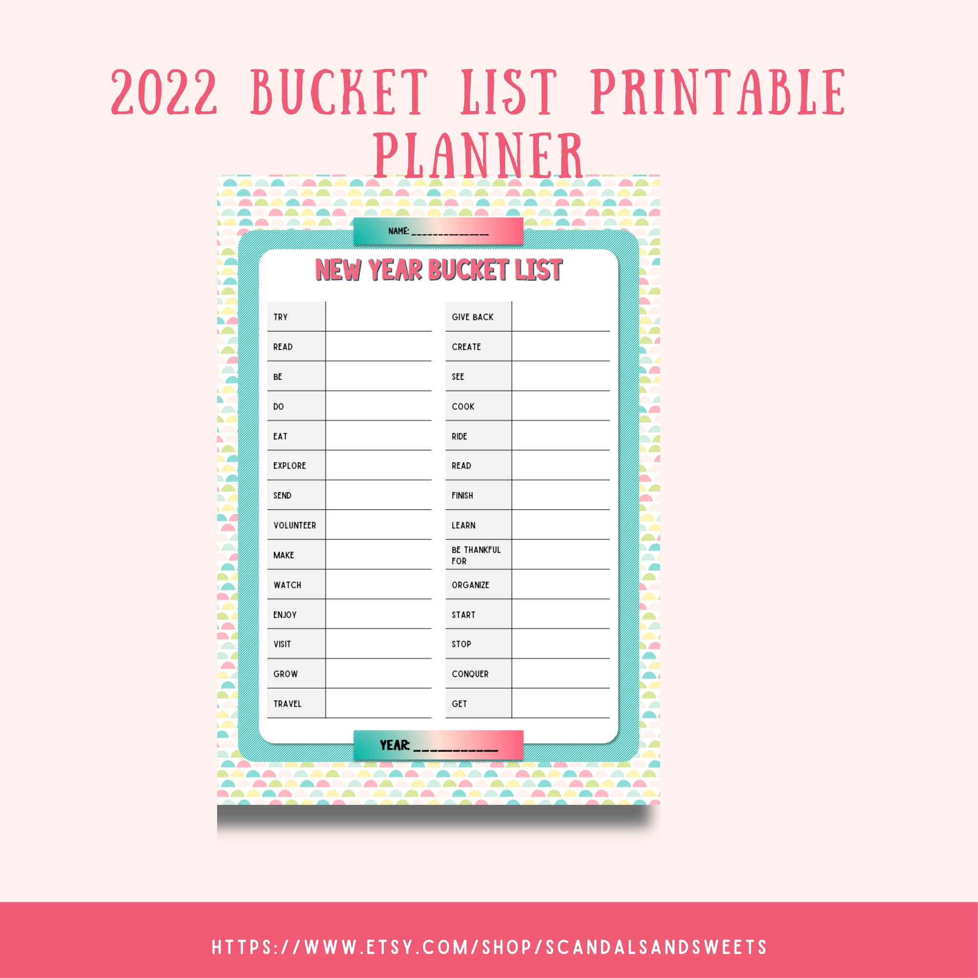 2022 Bucket List Printable Planner, Planner Inserts, Monthly Calendars ...