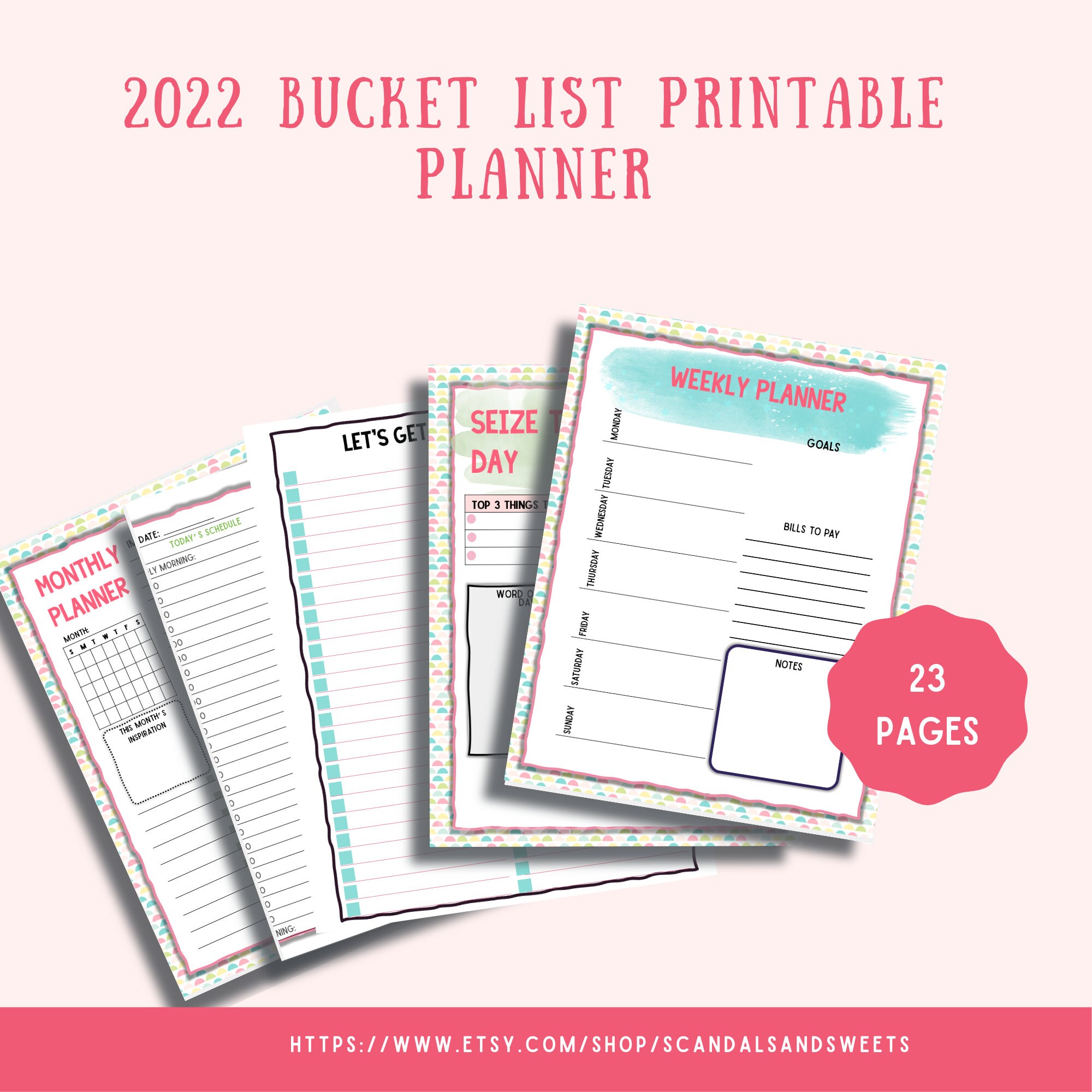 2022 Bucket List Printable Planner, Planner Inserts, Monthly Calendars ...