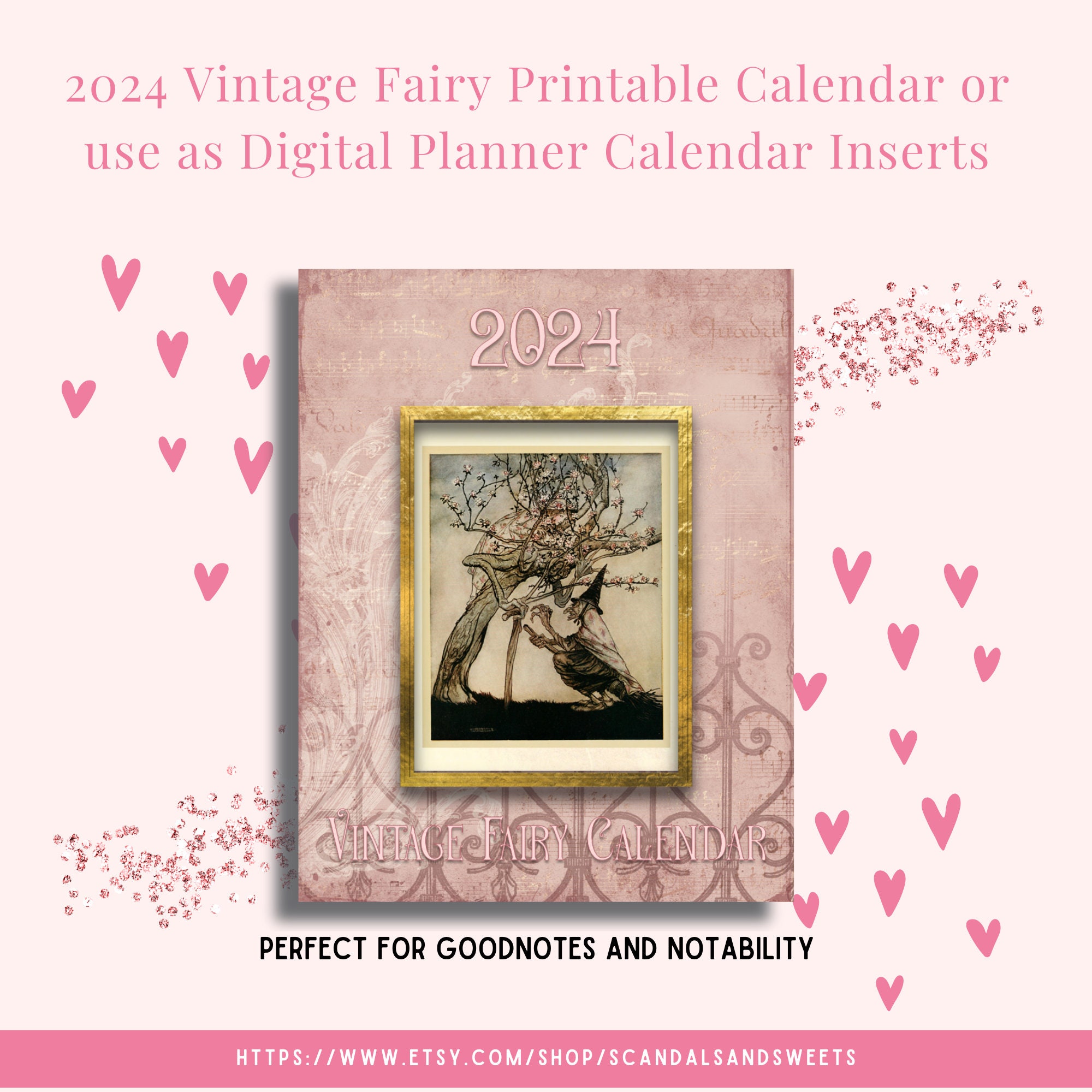2024 Vintage Fairy Calendar Printable or Digital Monthly Calendars Plus ...