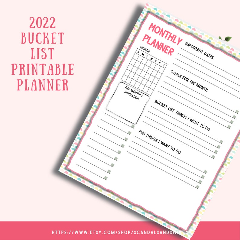 2022 Bucket List Printable Planner, Planner Inserts, Monthly Calendars ...