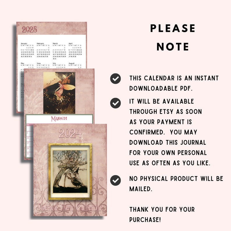 2024 Vintage Fairy Calendar Printable or Digital Monthly Calendars Plus ...