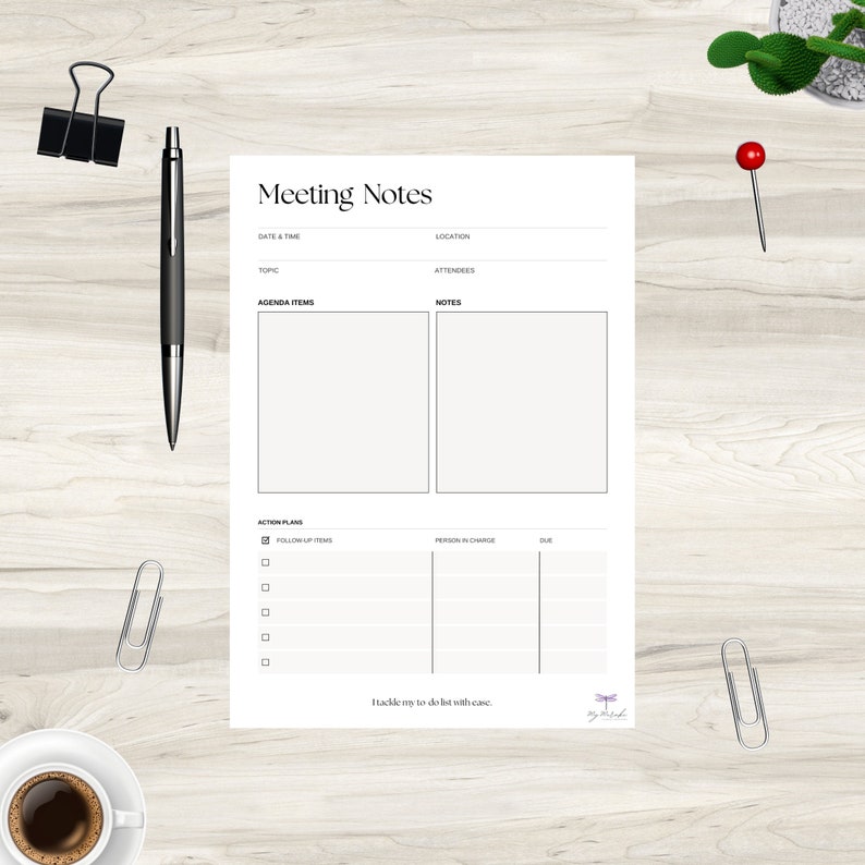 Meeting Notes Template With Affirmation | Meeting Notes PDF | Printable ...