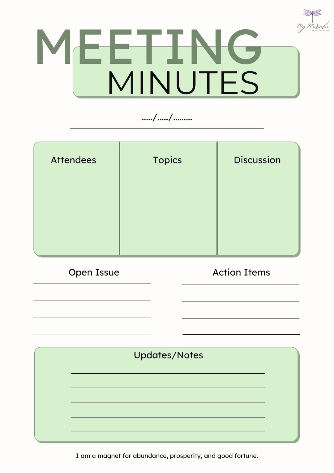 Meeting Minutes Template: Printable Meeting Notes With Affirmation (PDF ...