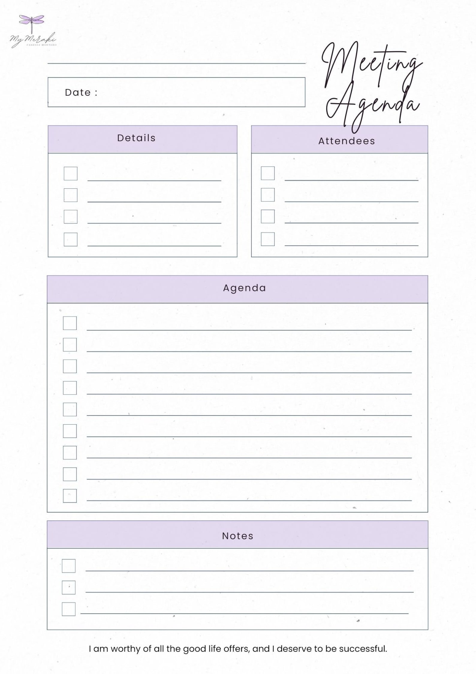 Meeting Notes Template With Affirmation (PDF) - Etsy