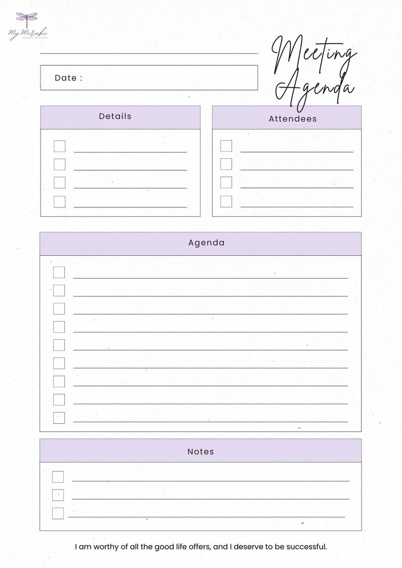 Meeting Notes Template With Affirmation (PDF) - Etsy