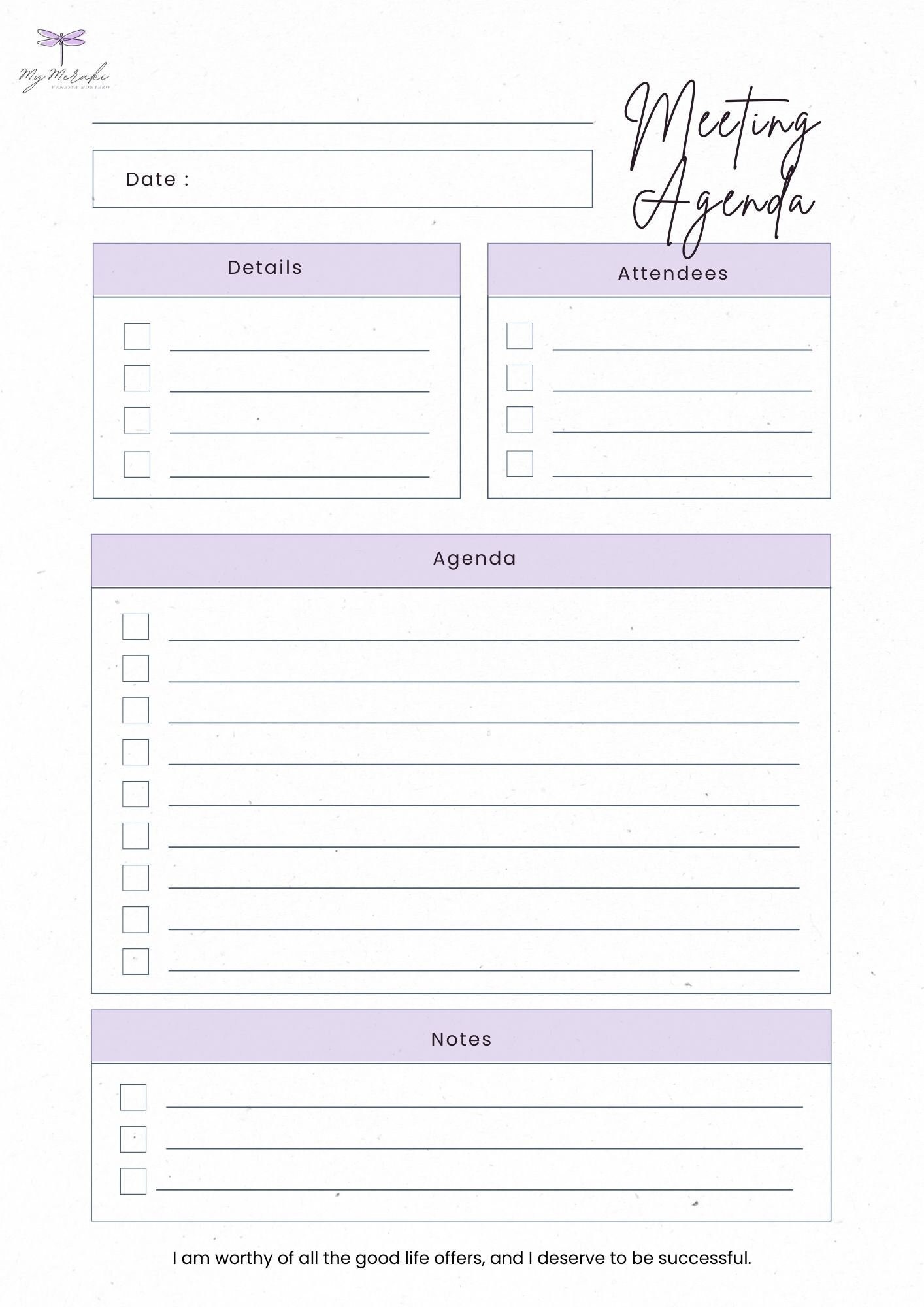 Meeting Notes Template With Affirmation (PDF) - Etsy