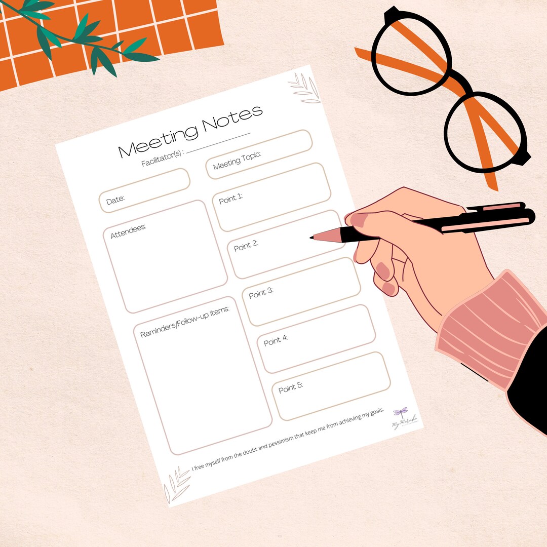 Meeting Notes Template With Affirmation | Meeting Notes PDF | Printable ...