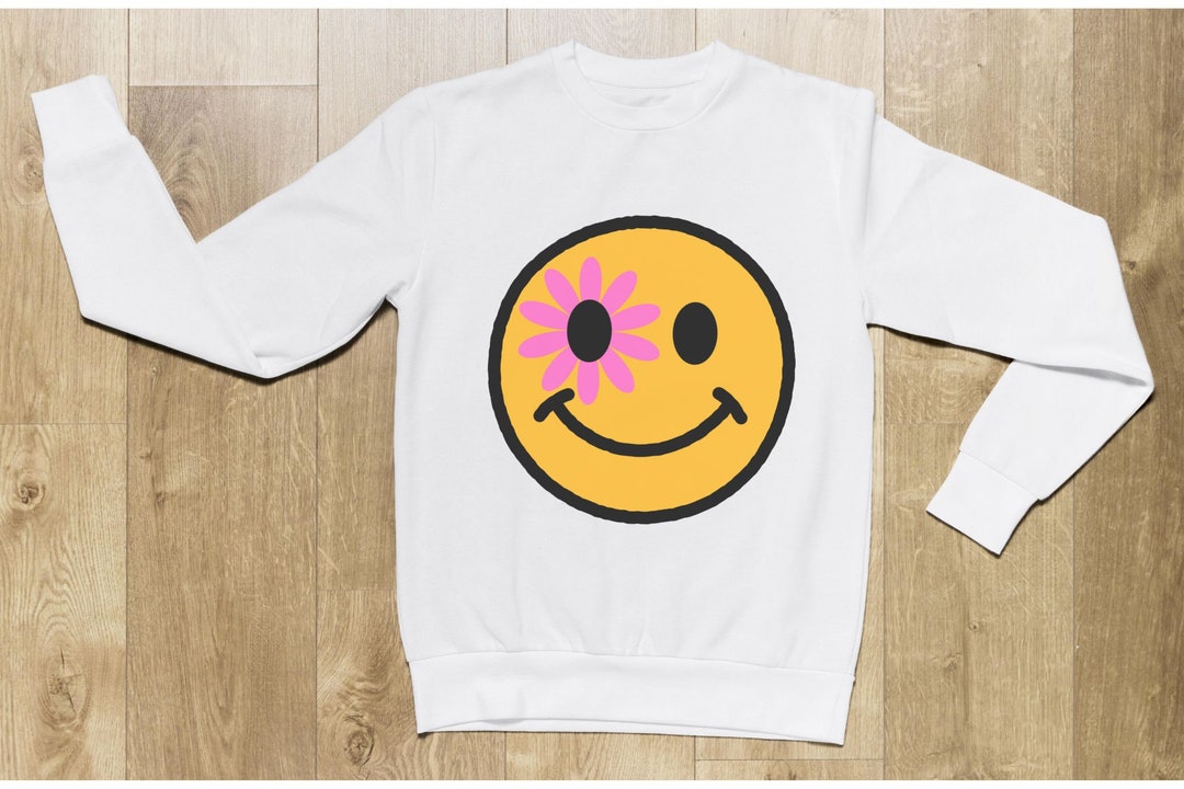 Happy Sweatshirt - Pink Flower Smiley Face Sweatshirt, Hippie ...