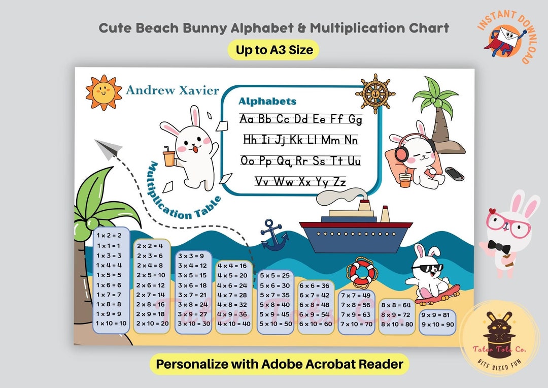 Personalized Summer Time Beach Bunny Math Chart - Alphabet Tracing ...