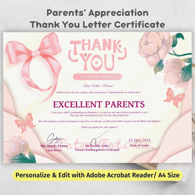 Parent Appreciation Certificate Template - Etsy