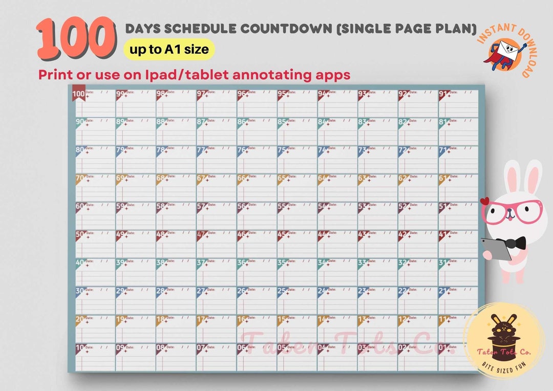 100 Day Challenge Planner Countdown Schedule Template Habit Tracker ...