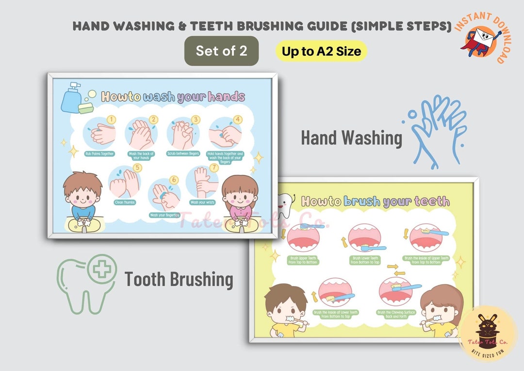 Simple Handwashing and Teeth Brushing Steps Kids Hygiene Bundle, Cute ...