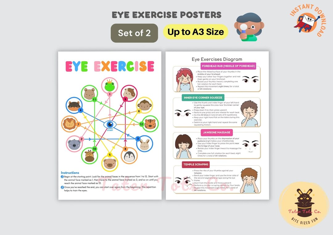 Kids' Eye Training Exercise Poster Bundle of 2: Massage Points ...