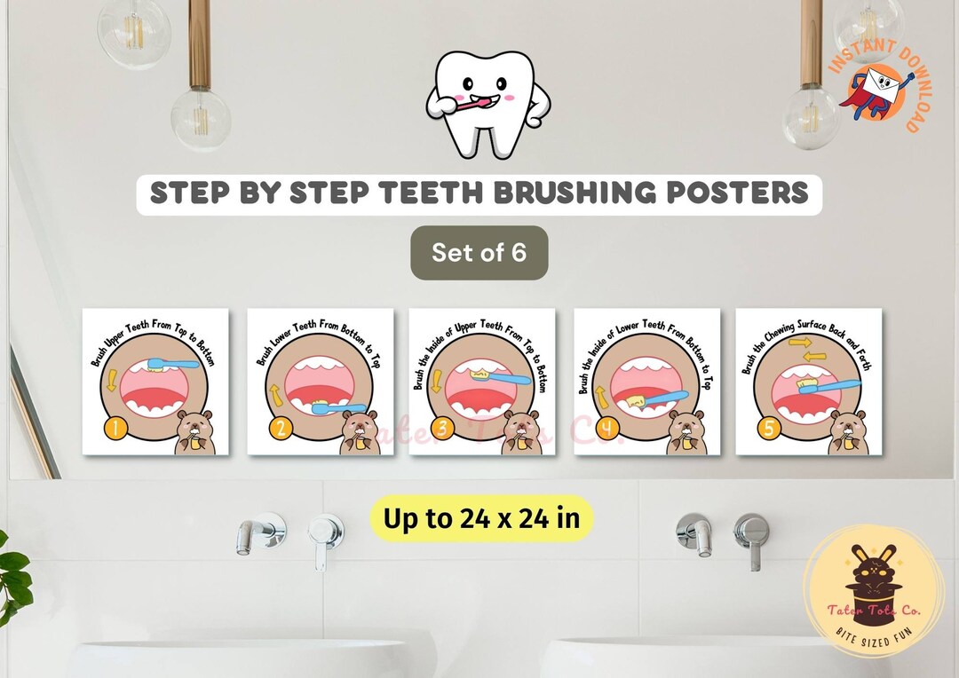 5 Step Simple Brush Teeth Square Signs for Preschool Daycare Toilet ...