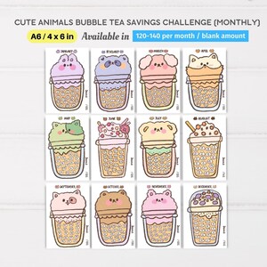 Printable 12 Months Savings Challenge: Cute Bubble Tea Animals Hand ...