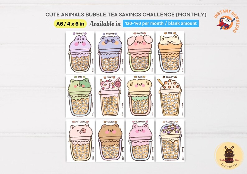 Printable 12 Months Savings Challenge: Cute Bubble Tea Animals Hand ...