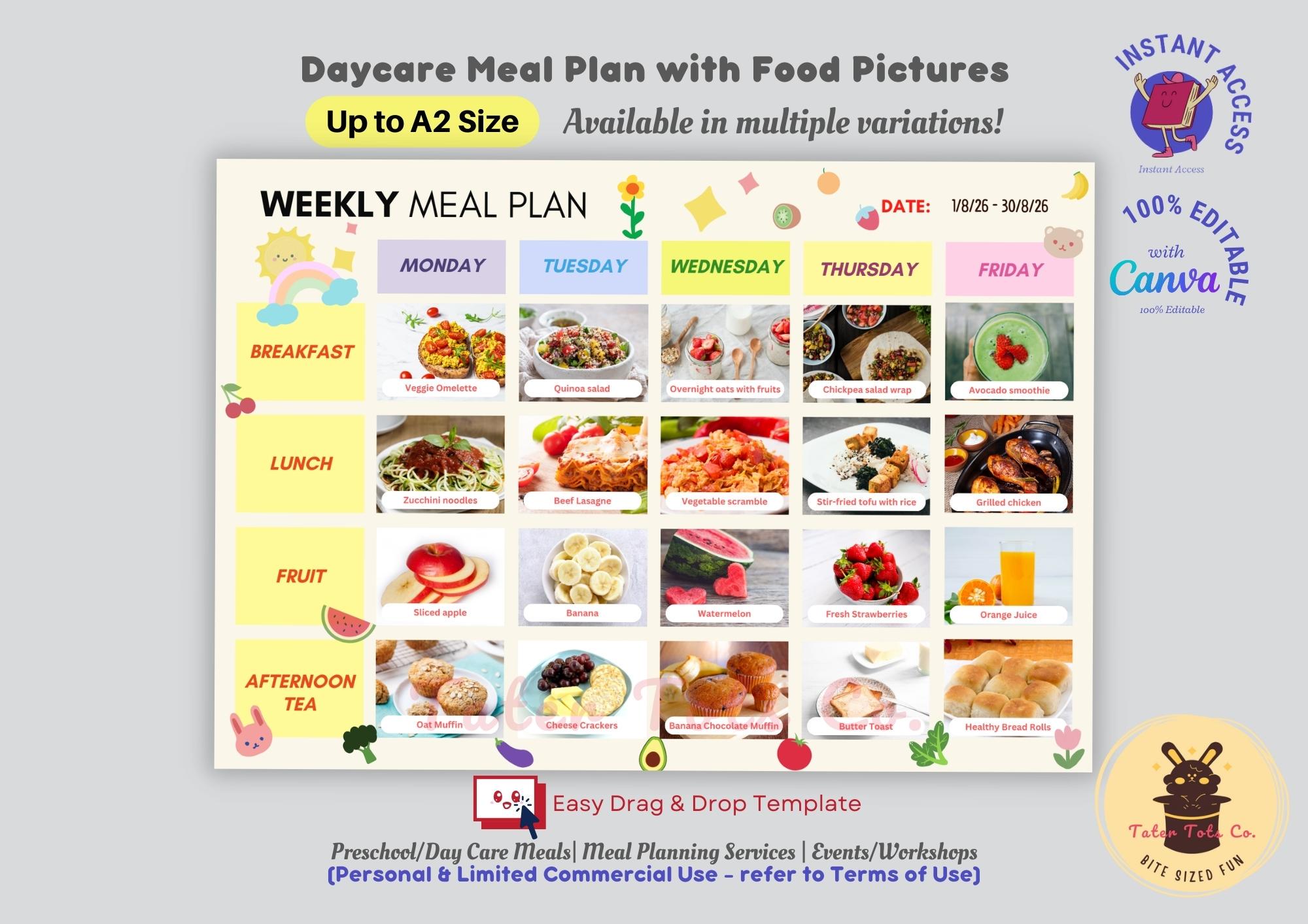 Daycare Weekly Meal Plan With Food Picture: Canva Template for ...