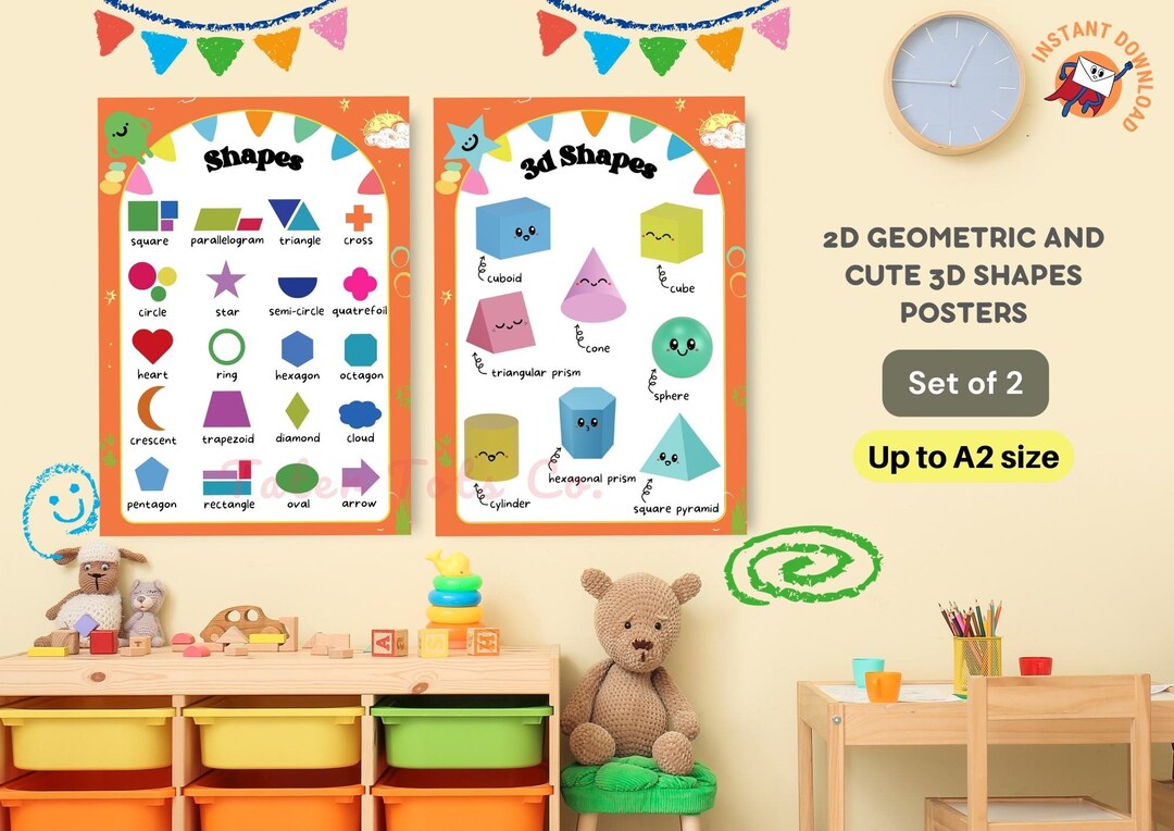 Preschool 2D Geometric and Cute 3D Shapes Educational Posters for ...