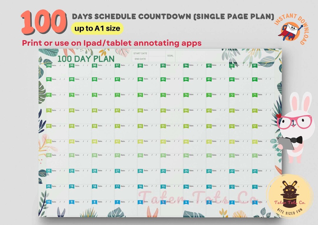 100 Day Challenge Planner Countdown Schedule Template Habit - Etsy