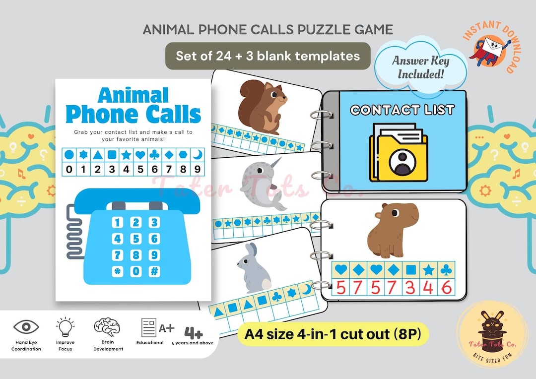 Animal Phone Calls Puzzle Game: Decode Symbols (instant Download PDF ...