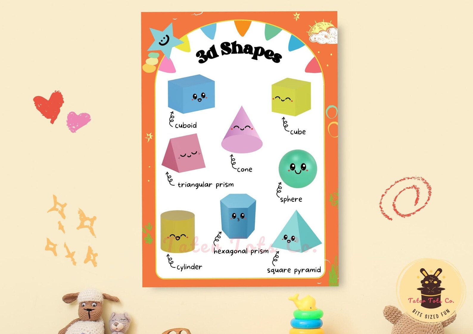 Preschool 2D Geometric and Cute 3D Shapes Educational Posters for ...