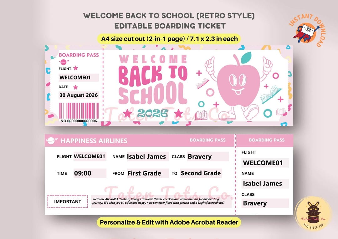 Welcome Back to School Editable Boarding Ticket - Pink Retro Groovy ...