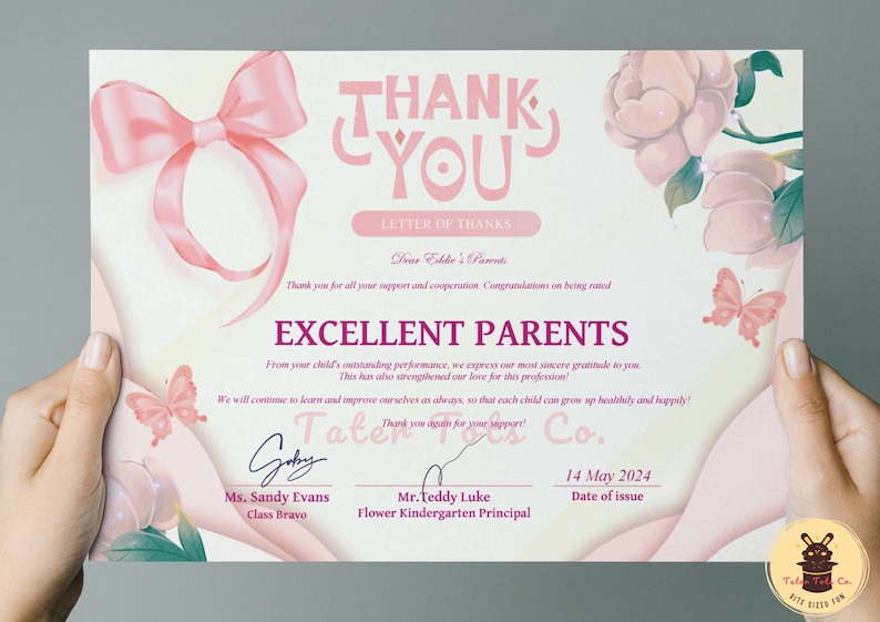 Parents Appreciation Thank You Letter and Awards Certificate for School ...