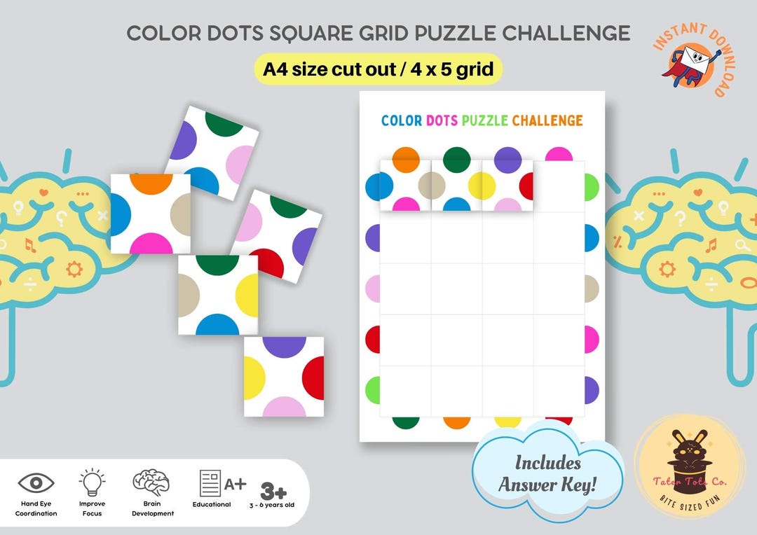 Colorful Dots Square 4x5 Grid Puzzle Challenge Printable Game Board for ...