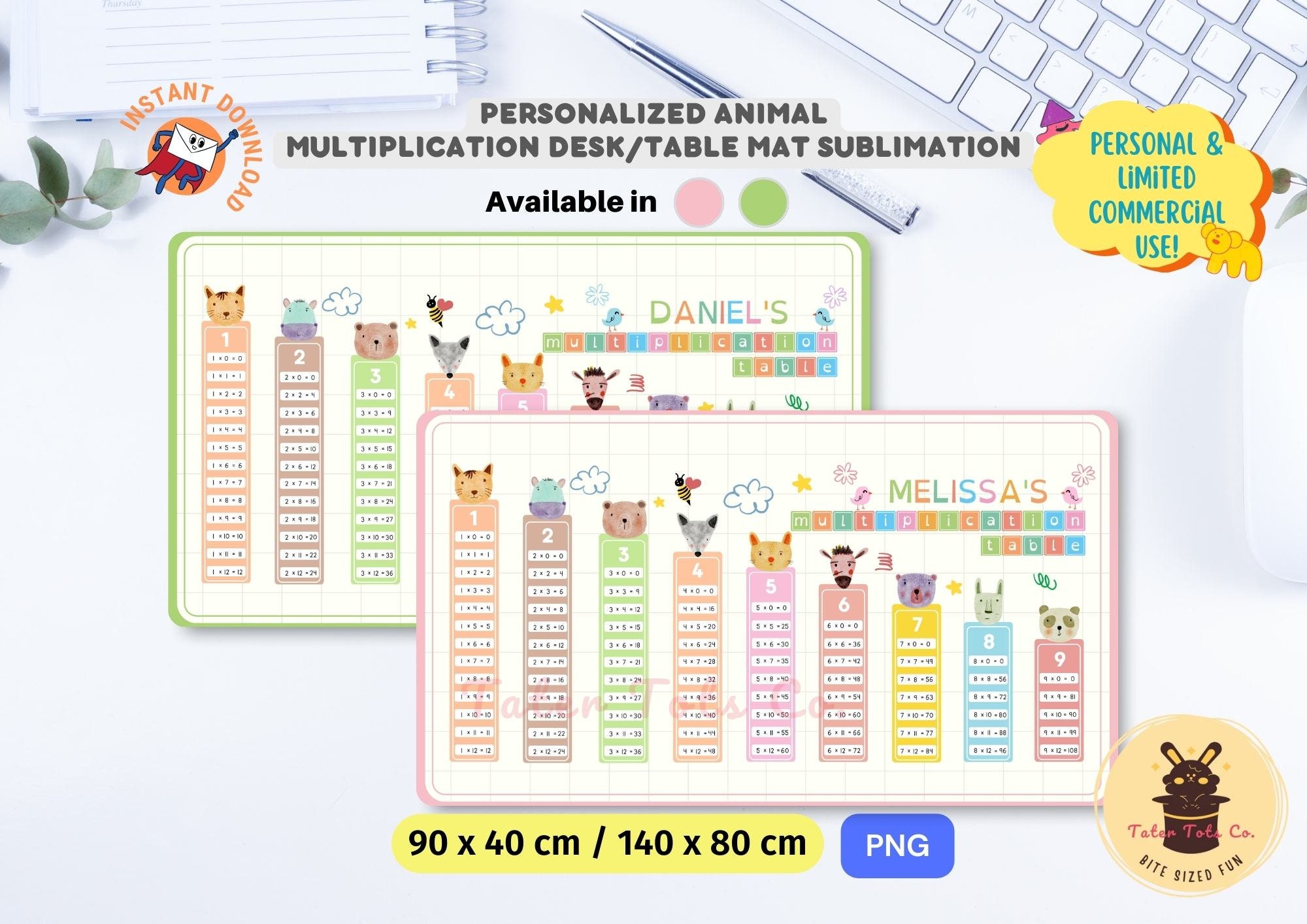 Watercolor Animal Faces Multiplication Chart for Kids Custom Desk Mat ...