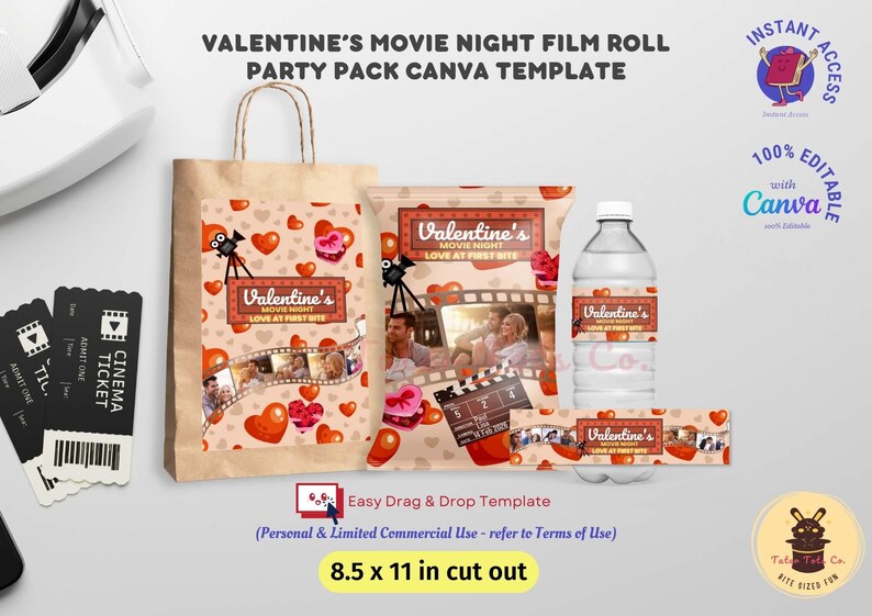 Valentine's Movie Night Party Pack: Film Roll-themed Matching Chip Bag ...