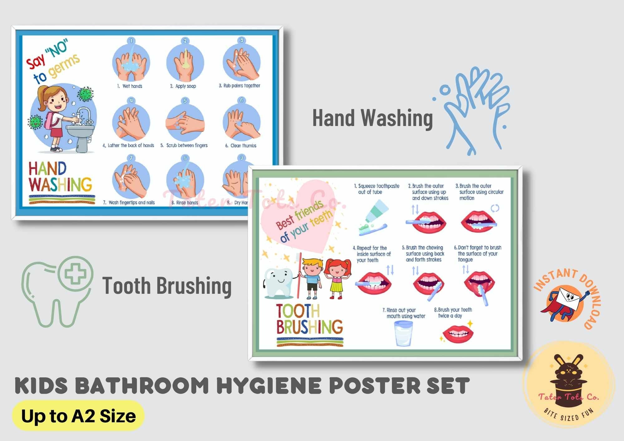 Tooth Brushing and Handwashing Guides Hygiene Poster Set - Etsy