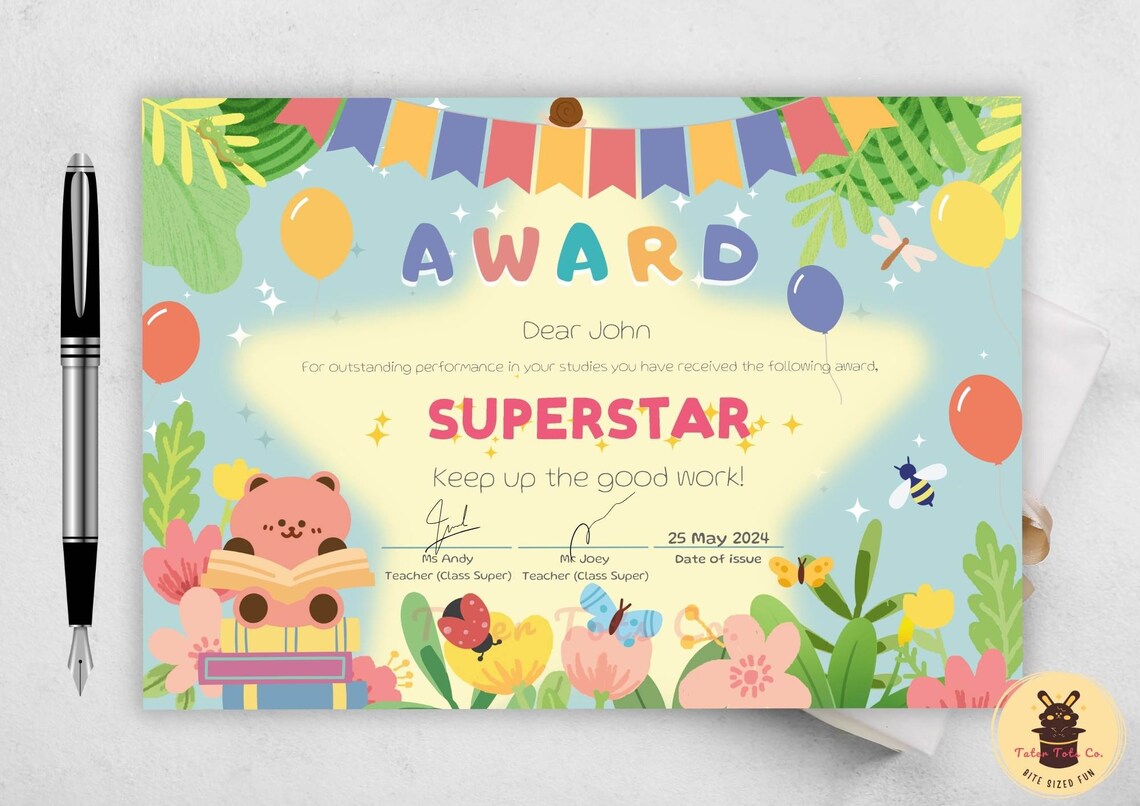 Editable Preschool or School Award Certificate Diploma Star Student ...