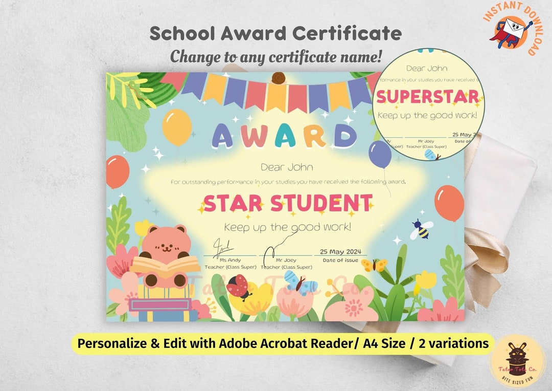 Editable Preschool or School Award Certificate Diploma Star Student ...